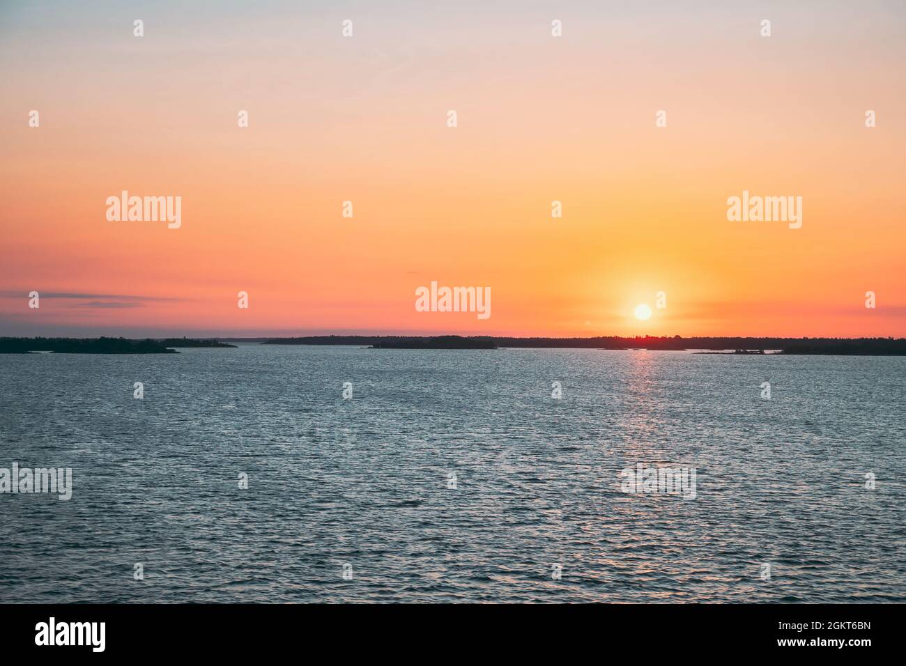 Sweden. Beautiful Seascape In Sunset Sunrise Time. Sun Sunshine Above ...