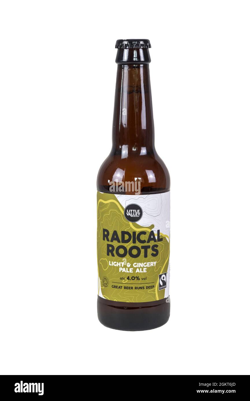 A bottle of Little Valley Radical Roots pale ale. It has a strength of ...