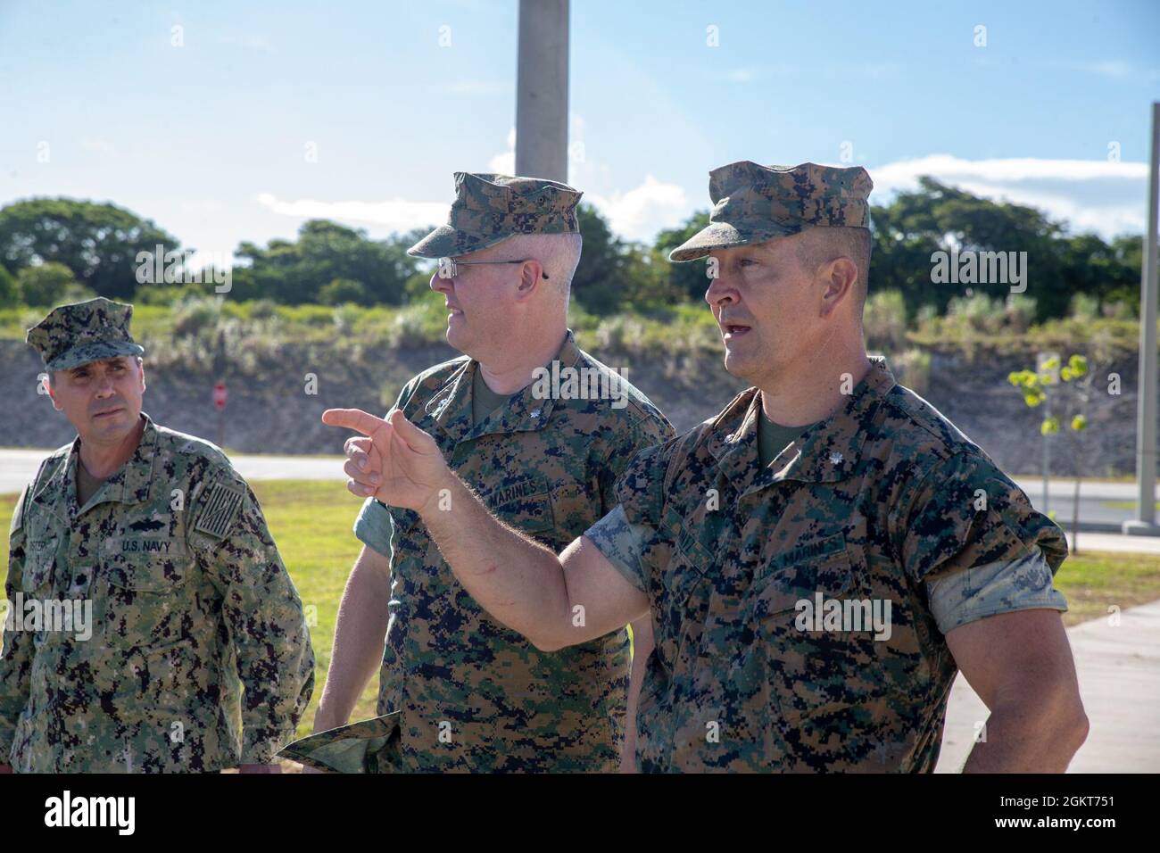 Lt. Col. Tate Buntz, the Marine Corps Base (MCB) Camp Blaz Operations Officer, right, briefs Lt ...