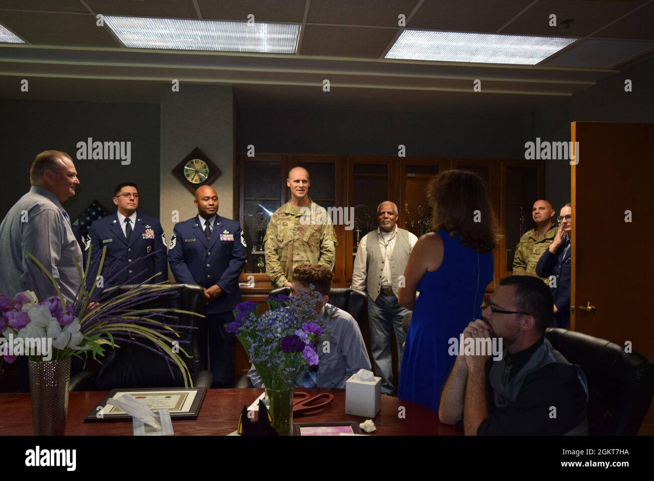 The 690th Intelligence Support Squadron honors Senior Airman Aaron Lengel-Crabtree in a room ...