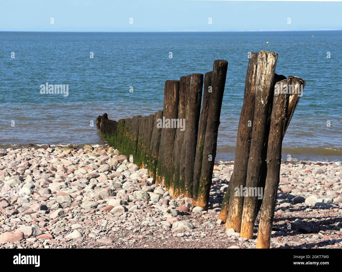Old wooden sea defences on the North Somerset coast at Porlock Stock ...