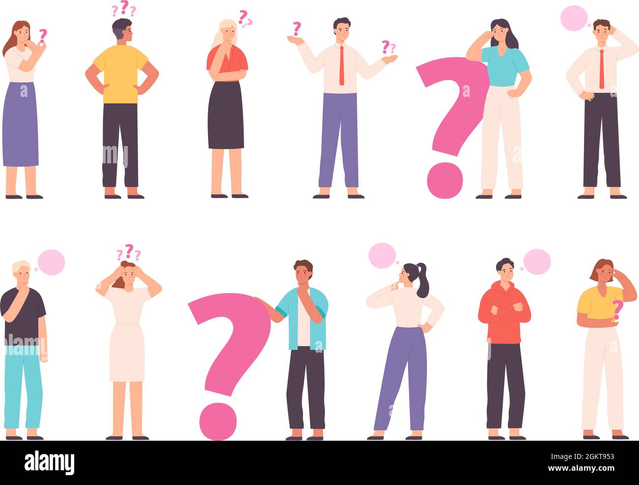 Thoughtful people wondering, solving problem and thinking with question marks. Choice or ...