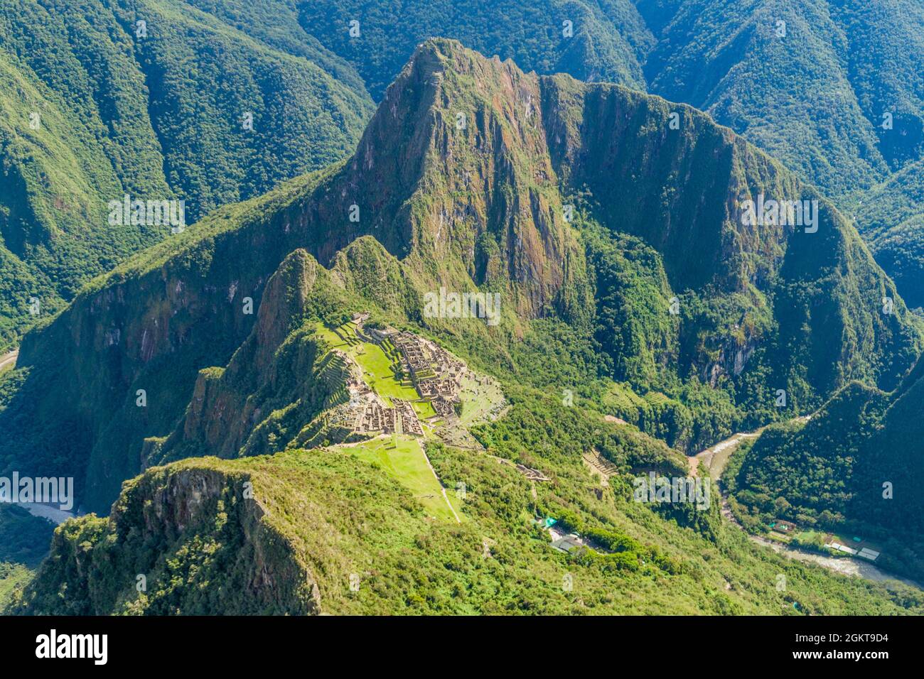 Aerial view of Machu Picchu ruins and Urubamba valley from Machu Picchu ...