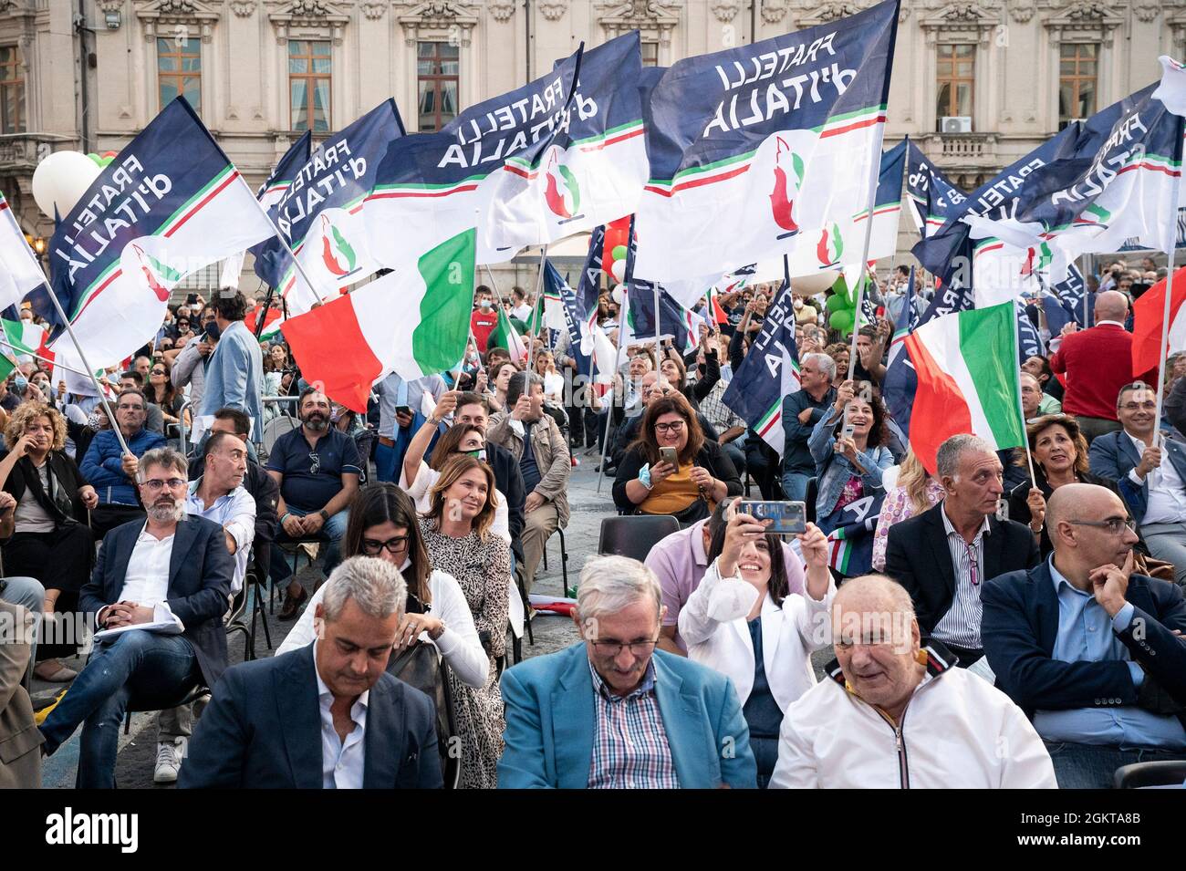 Catanzaro, Italy. 14th Sep, 2021. Supporters of Fratelli d'Italia seen ...