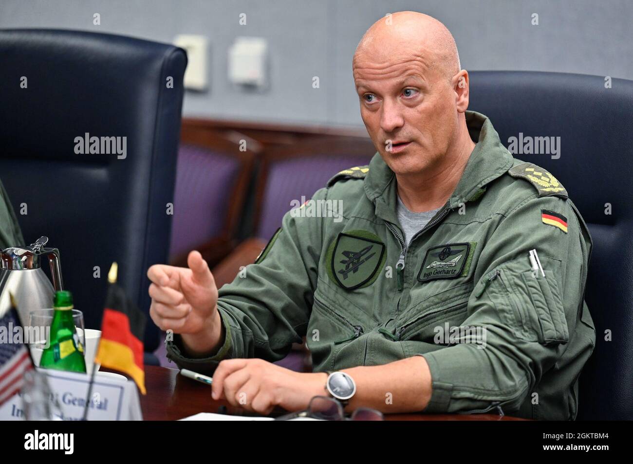 Lt. Gen. Ingo Gerhartz, chief of the German air force, speaks with Air ...