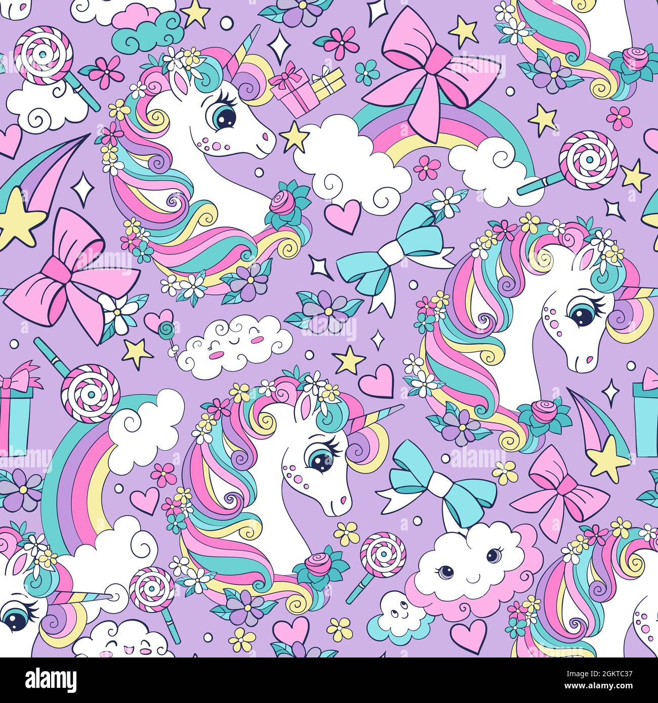 Seamless pattern with cute unicorn and different magic elements. Magic ...
