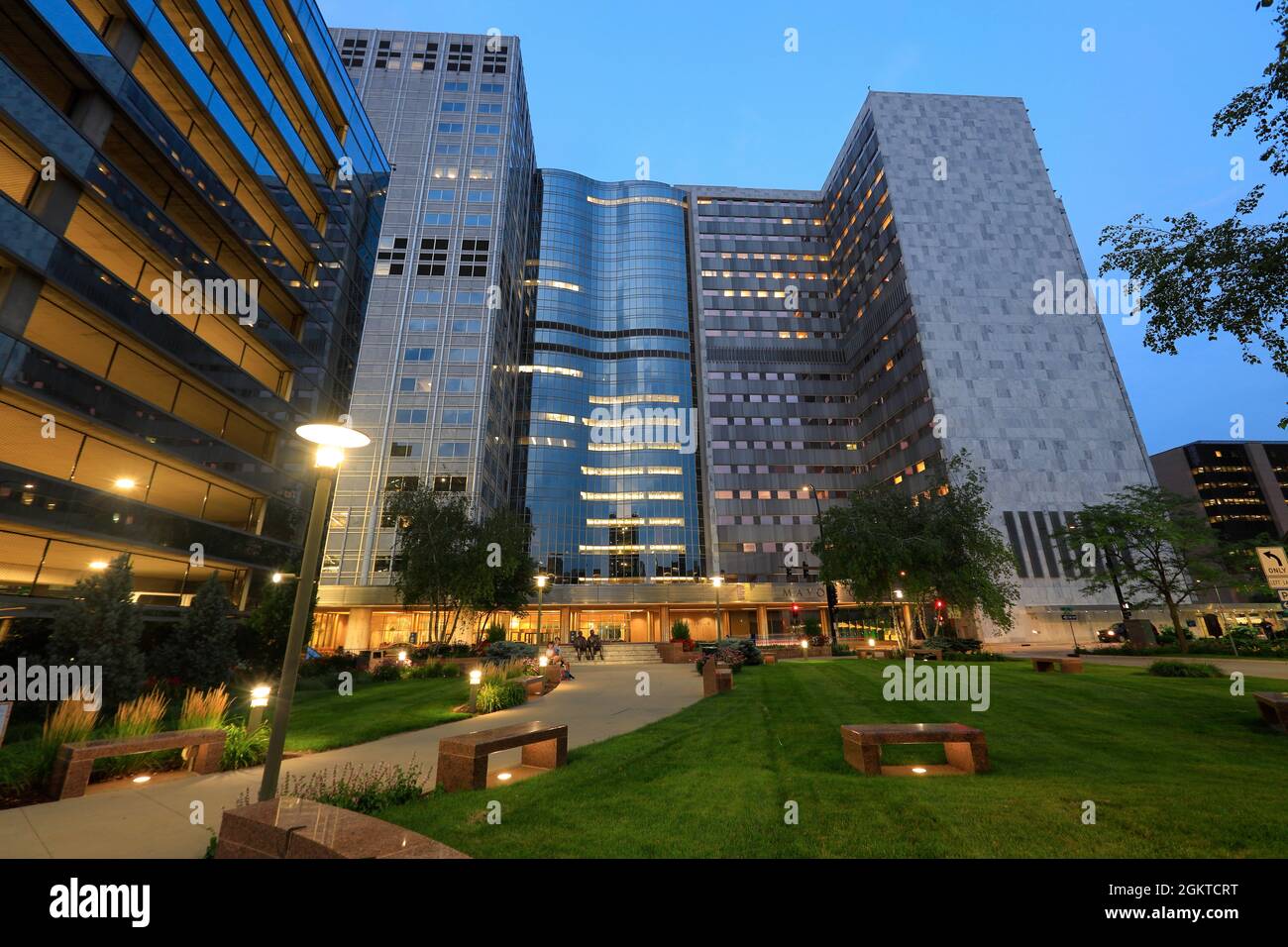 The twilight view of Mayo Clinic Hospital.Rochester.Minnesota.USA Stock ...
