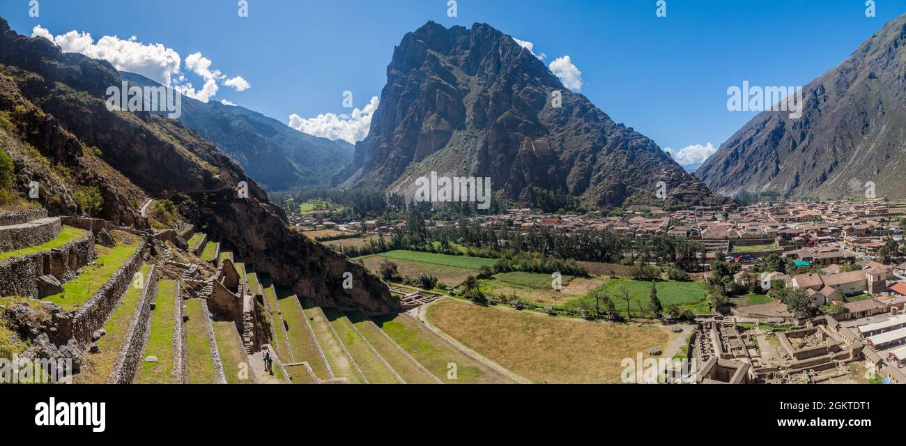 Aerial view of Ollantaytambo and Inca's agricultural terraces, Sacred ...
