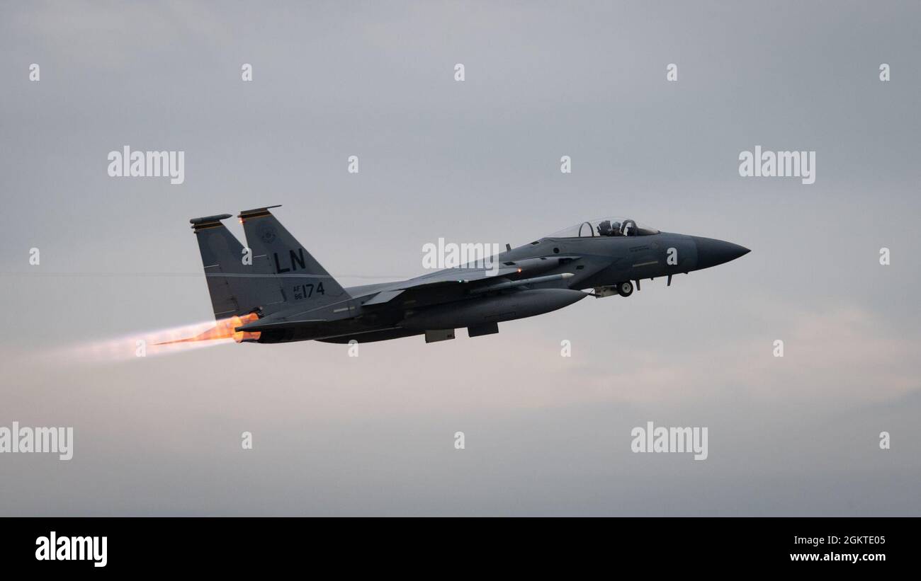 A 493rd Fighter Squadron F-15C Eagle takes off during a Find, Fix, Track, Target exercise at ...