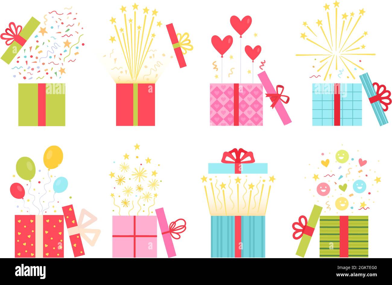 Flat open prize concept, gift box with confetti. Surprise present boxes ...