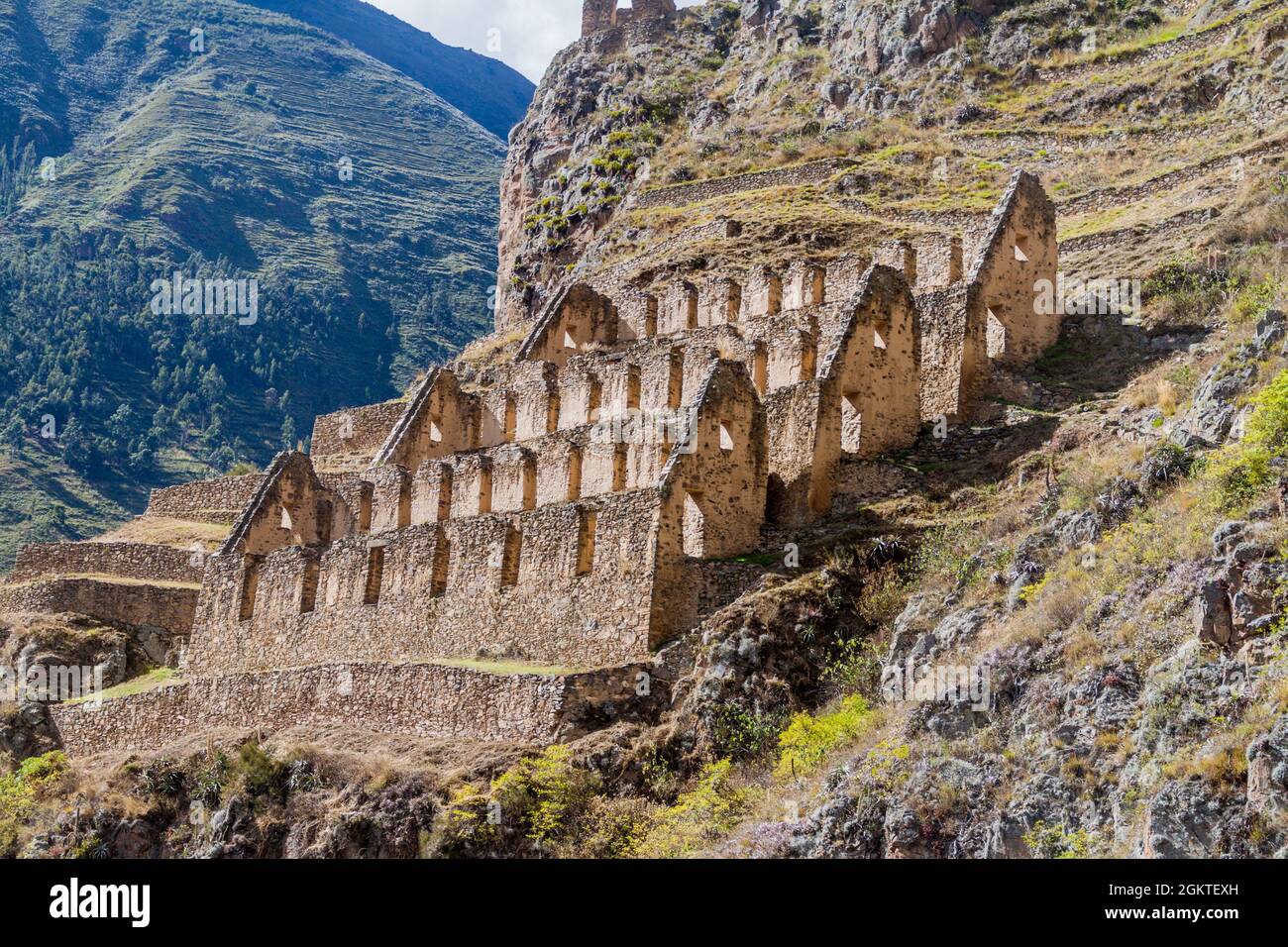 Ruins of Pinkulluna (Inca storehouses) above village Ollantaytambo ...