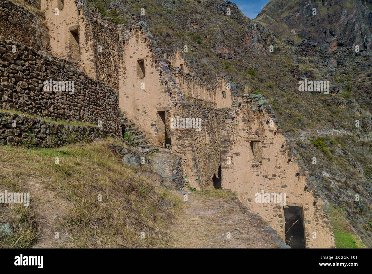 Ruins of Pinkulluna (Inca storehouses) above village Ollantaytambo ...