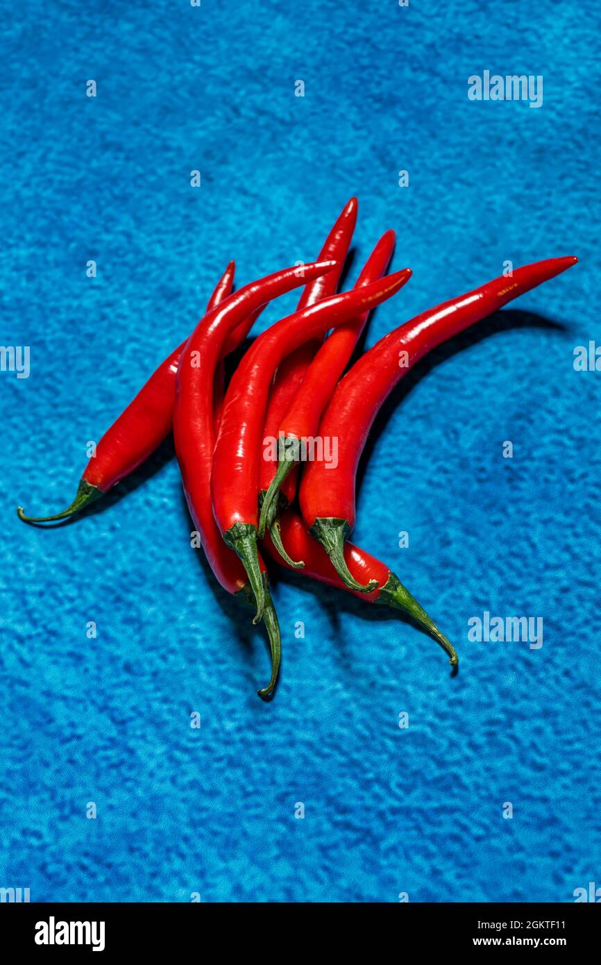 bunch of red hot chili peppers on blue tablecloth Stock Photo - Alamy