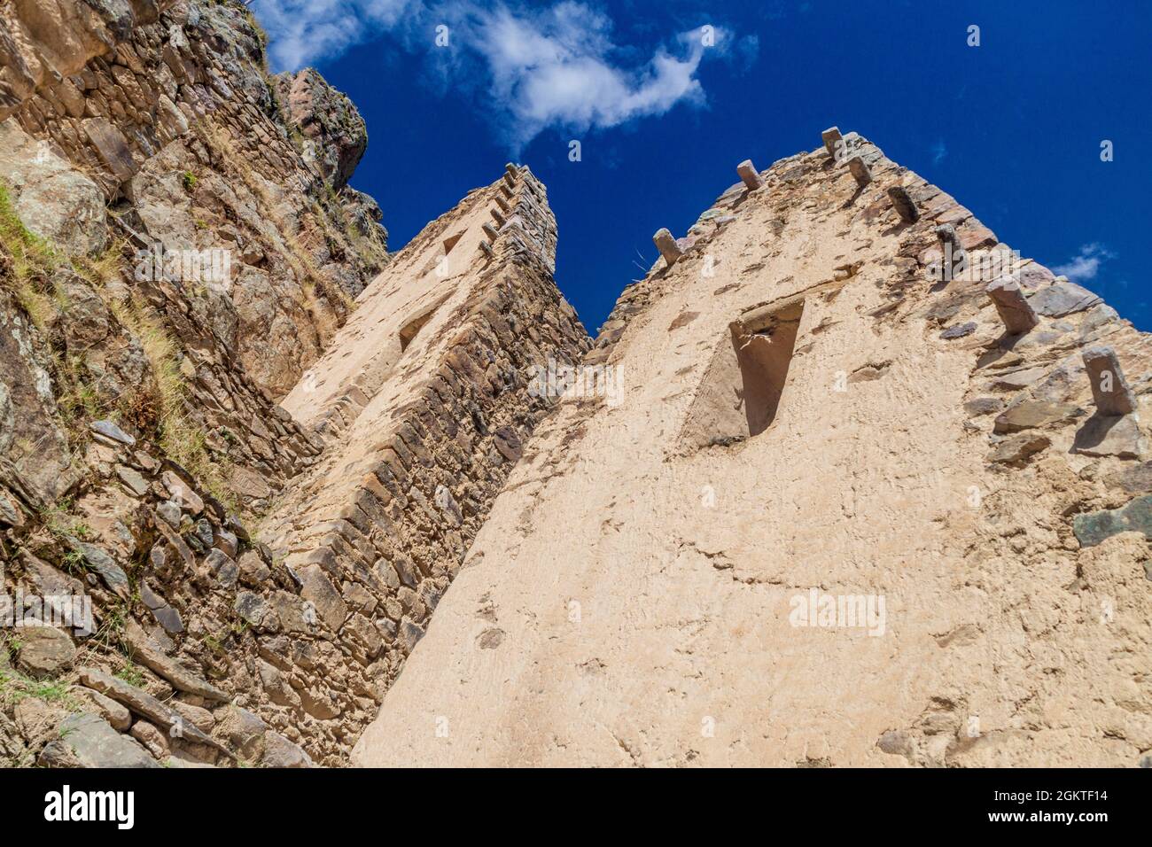 Ruins of Pinkulluna (Inca storehouses) above village Ollantaytambo ...
