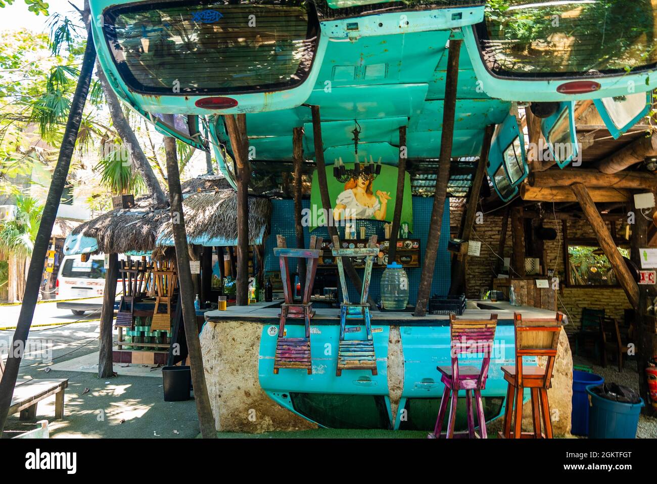 Restaurant made with old vintage car as ceiling and counter table Stock ...