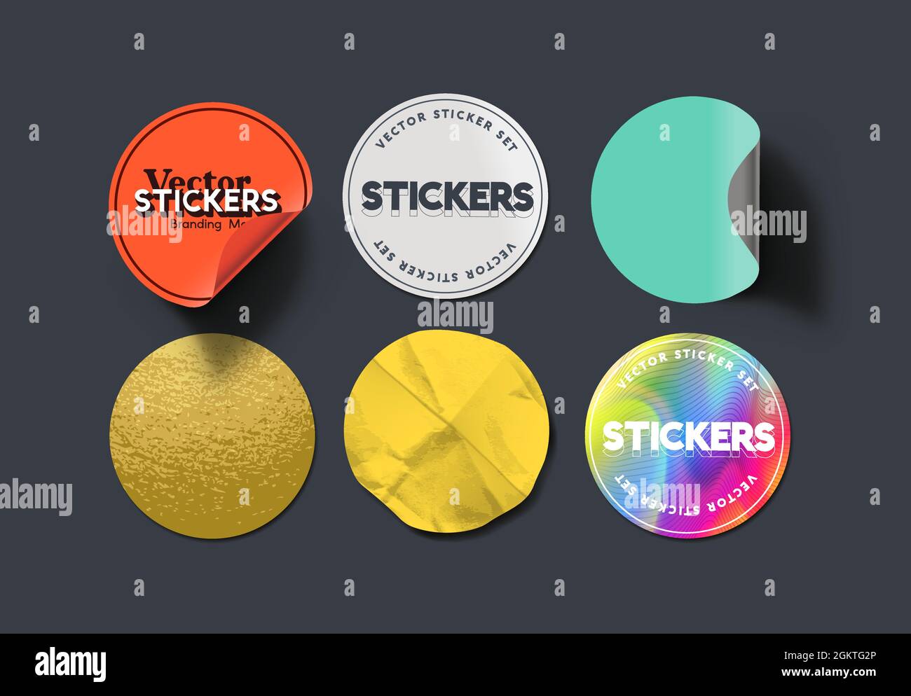 A set of blank round adhesive paper stickers in various states and ...