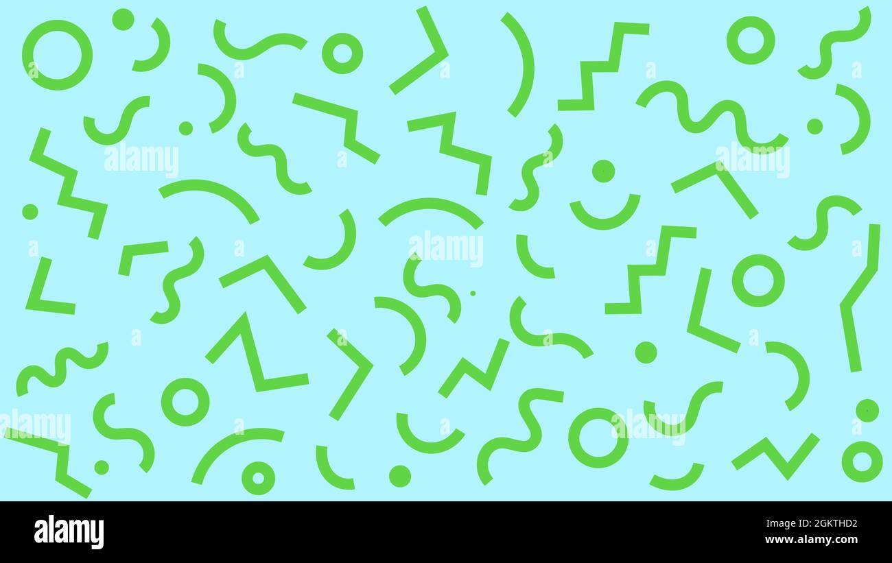 Blue background with green squiggly lines and geometric shapes Stock ...