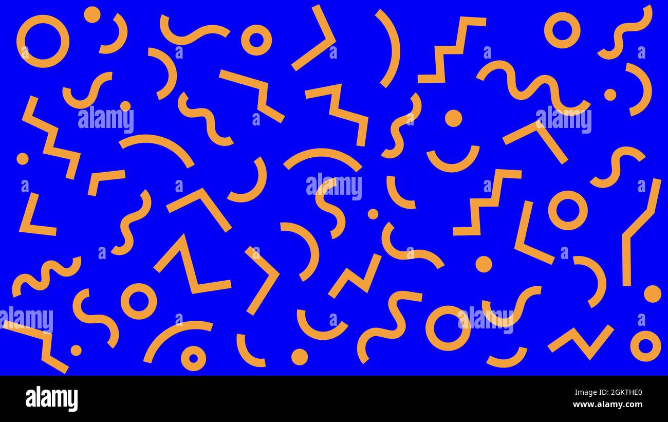 Blue background with oran squiggly lines and geometric shapes Stock ...