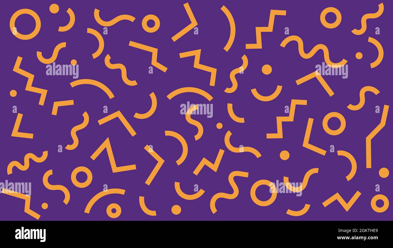 Purple background with orange squiggly lines and geometric shapes Stock ...