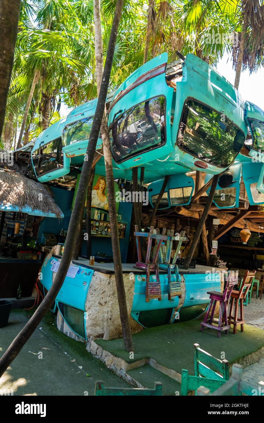 Old cars used as ceiling and counter table at outdoor restaurant Stock ...