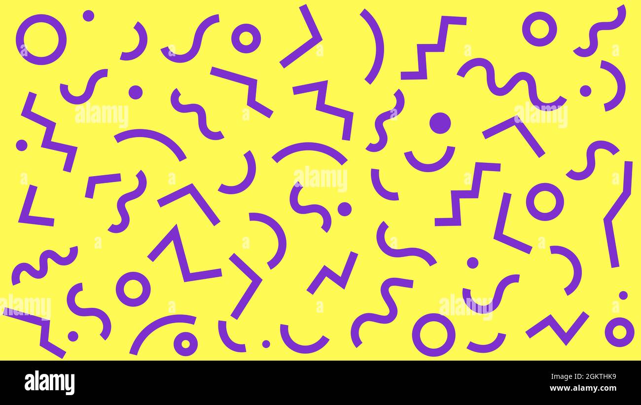 Yellow background with purple squiggly lines and geometric shapes Stock ...