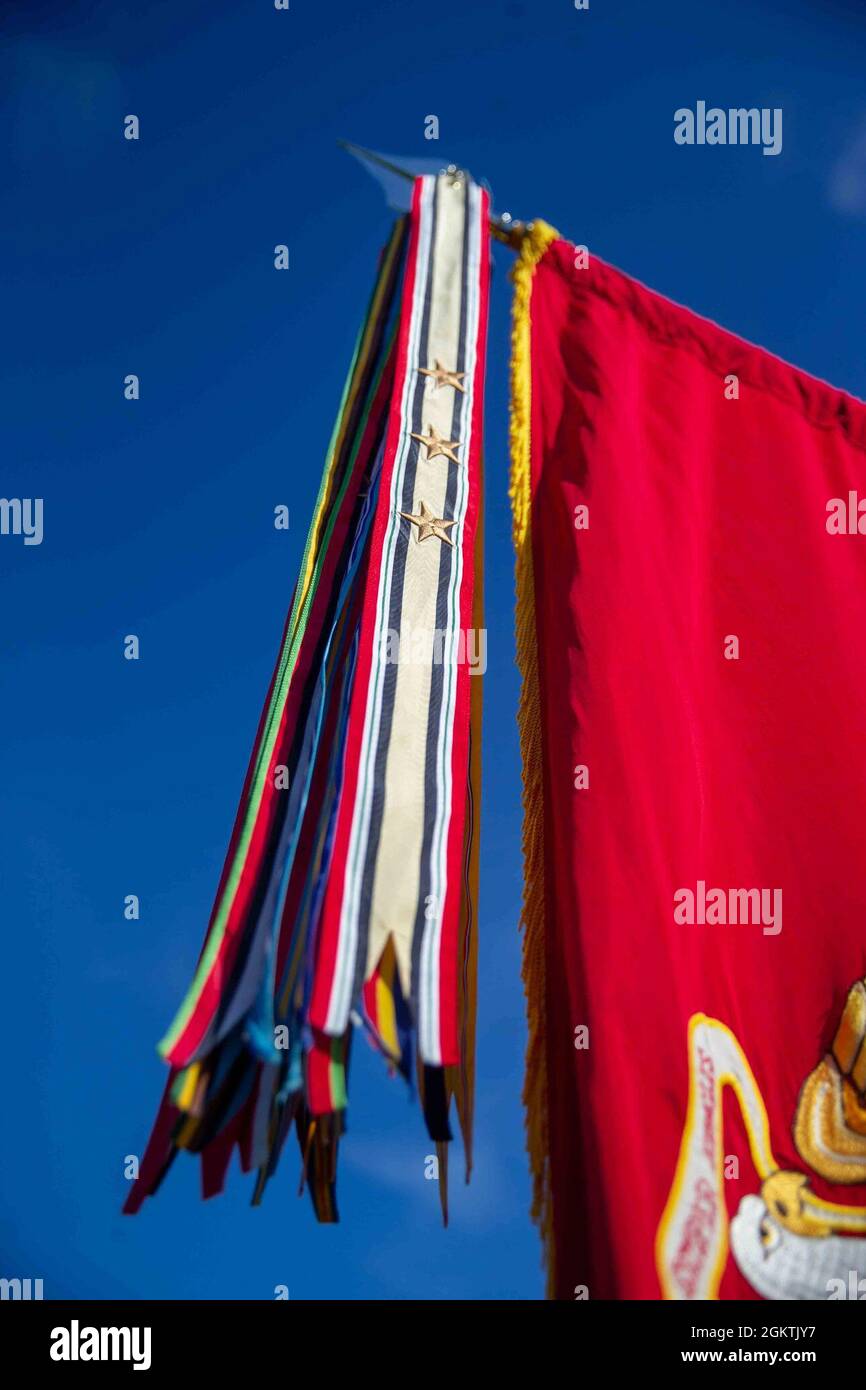 The regimental campaign streamers on a U.S. Marine Corps flag are ...
