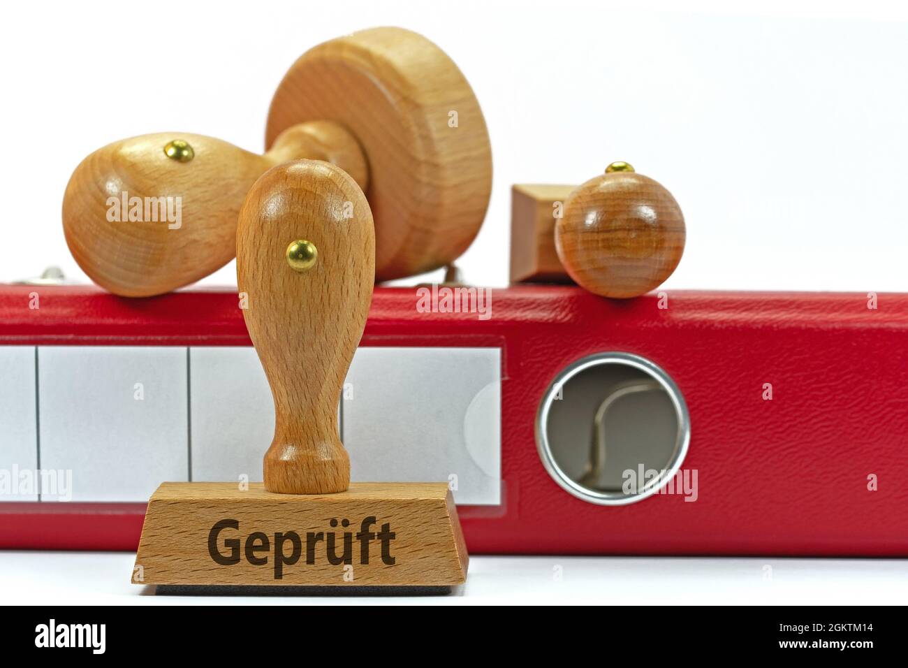 Wooden stamp with the imprint "Geprüft", translation "Checked Stock ...