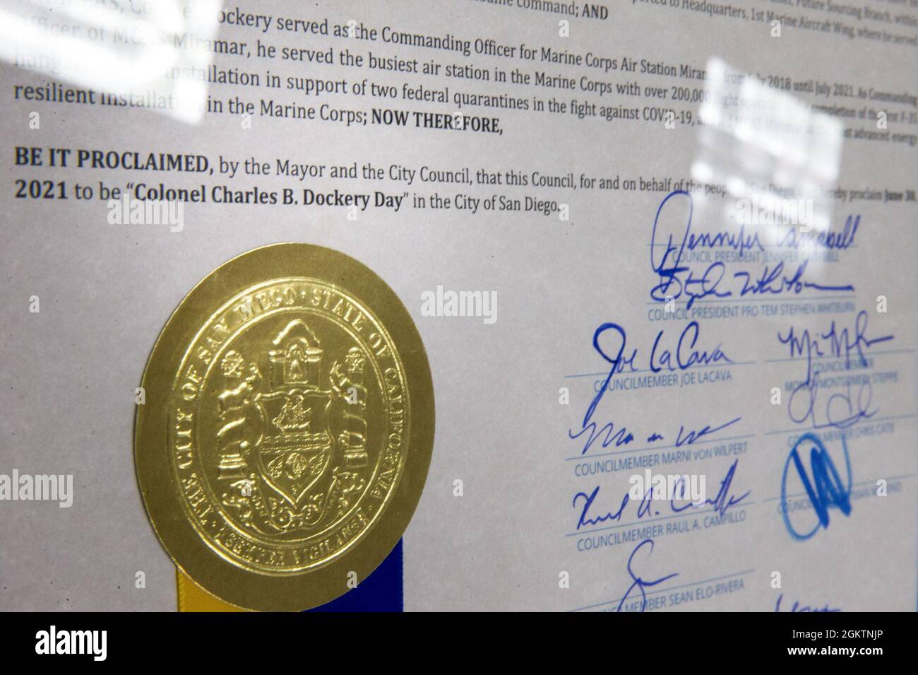 A closeup photo of the certificate presented by Councilmember Chris ...