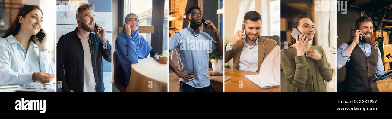 Collage of portrait of young businessmen answering customers calls ...