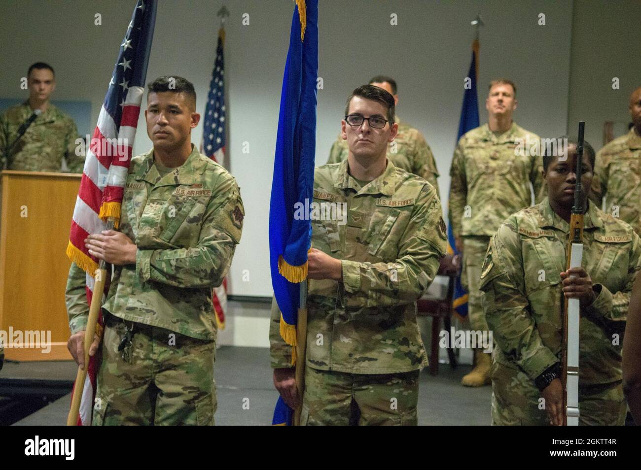 The Honor Guard from Seymour Johnson Air Force Base, North Carolina, presents the colors during ...