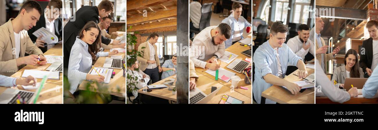 Creative collage. Young caucasian colleagues working together in a ...