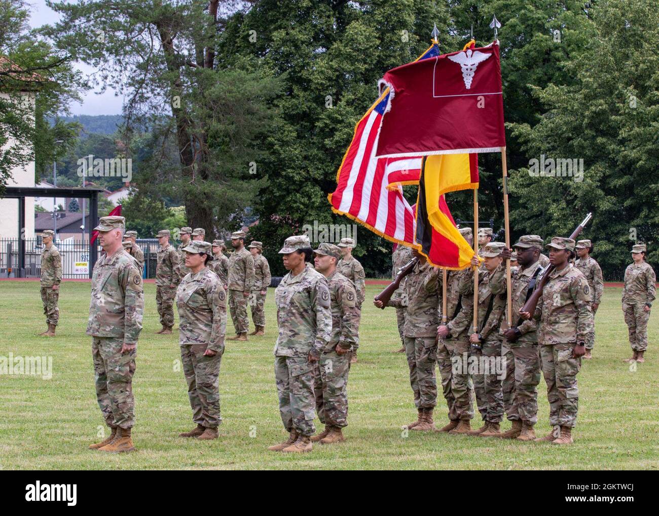 Soldiers stand in formation during a change of command ceremony where U ...