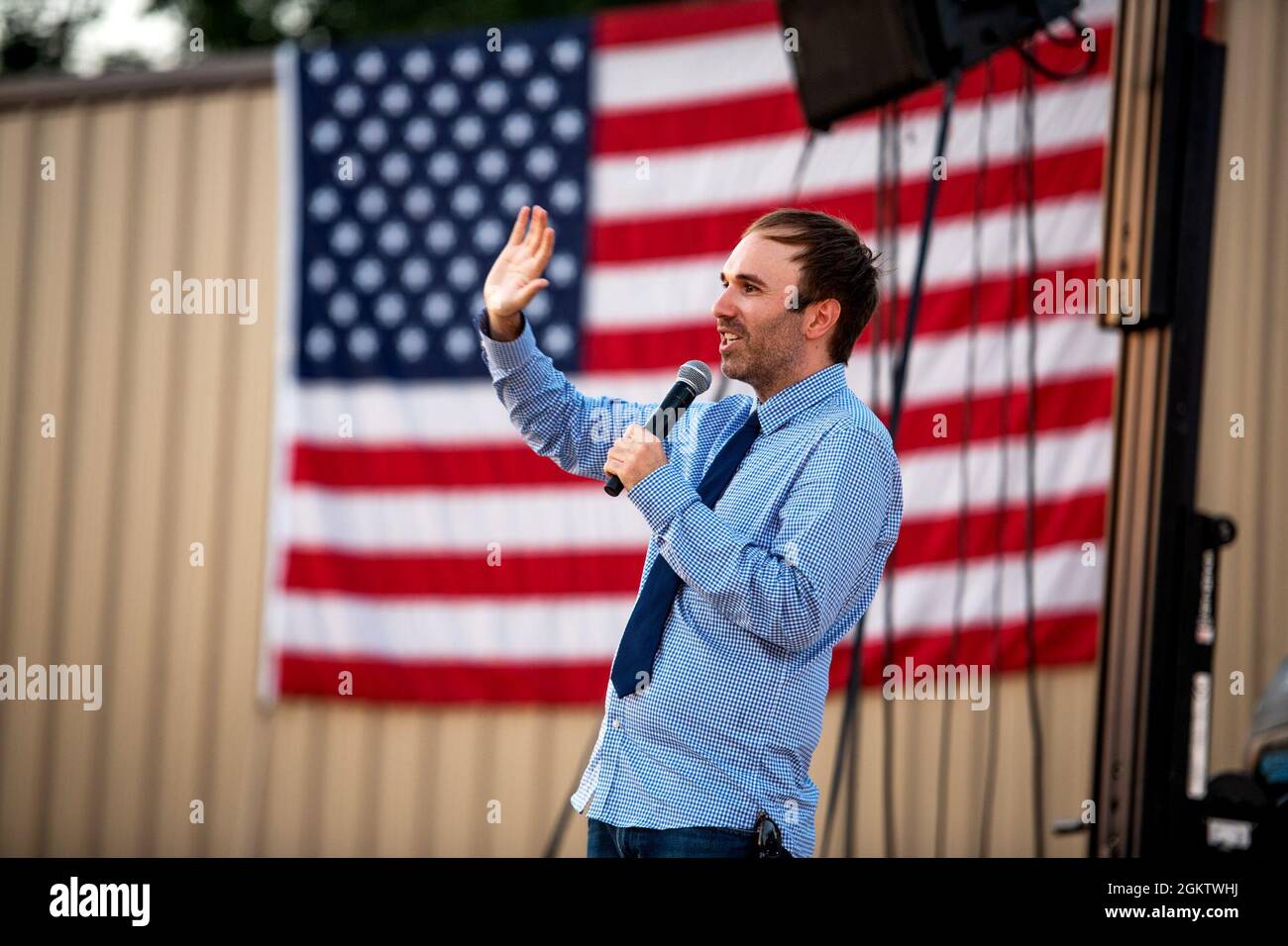Taylor Williamson, comedian, performs on stage during the USO Summer ...