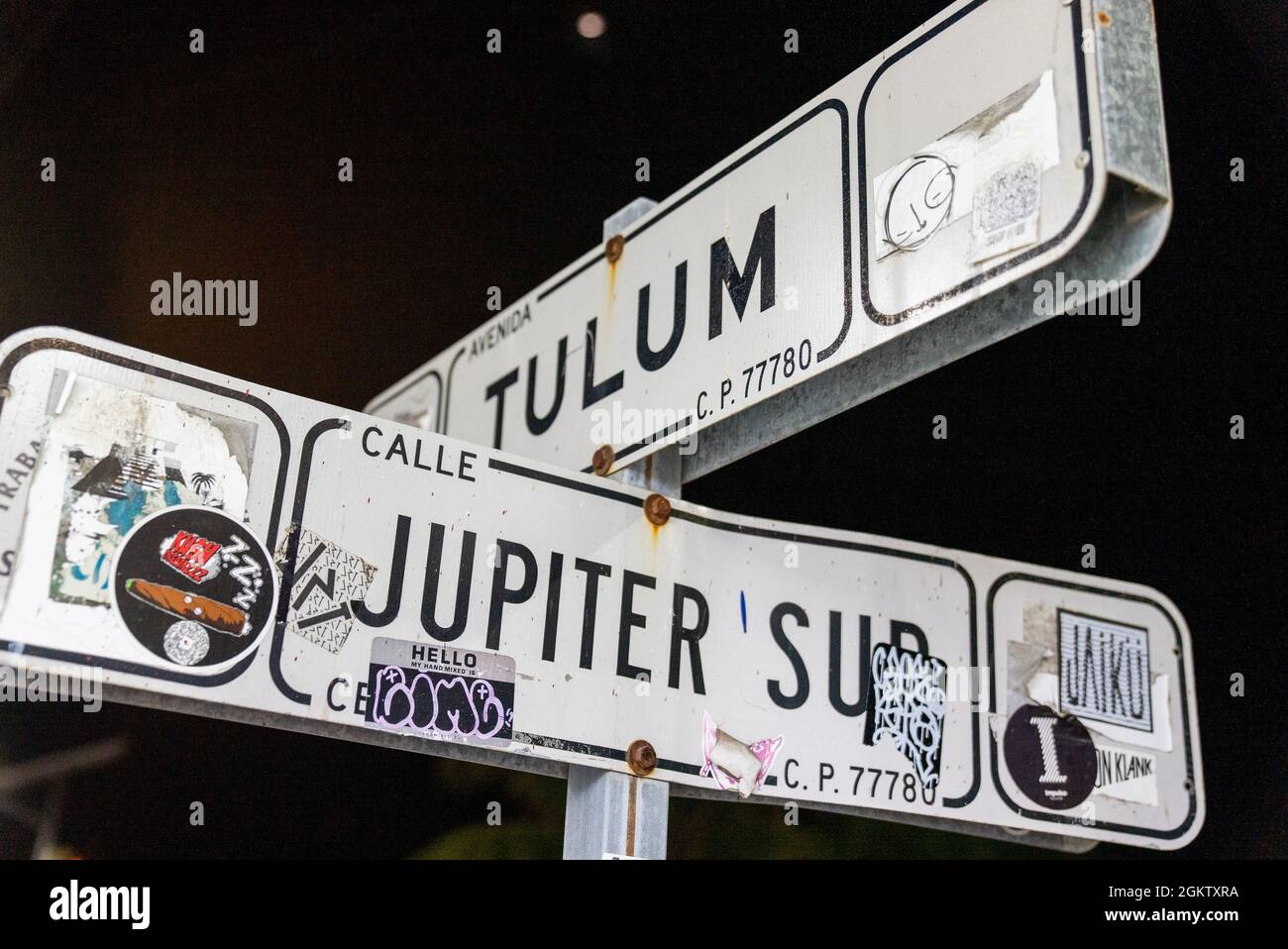 Street directional sign show the location of Tulum and Jupiter Stock ...