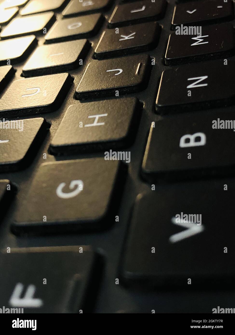 Vertical shot of a computer keyboard detail with screen light reflected ...