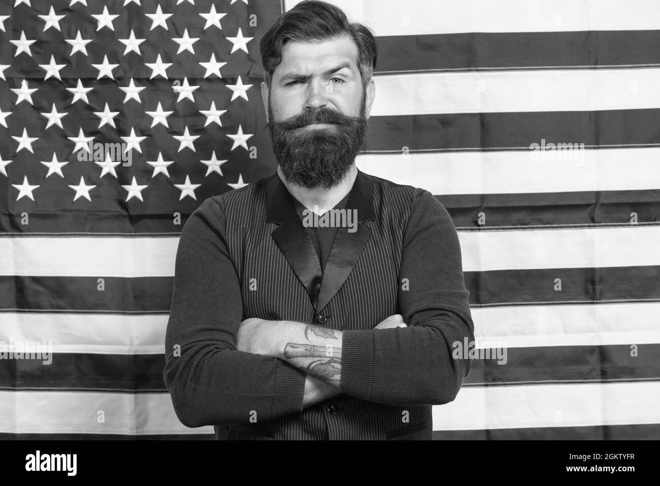 Man with beard and mustache USA flag background, study language concept ...