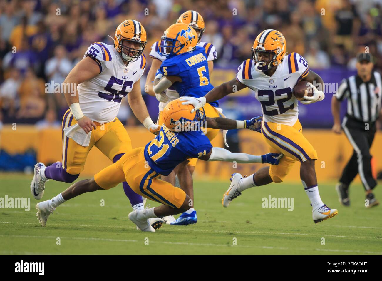 LSU Tigers running back Armoni Goodwin (22) holds off McNeese State ...