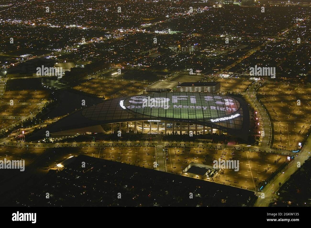An aerial view of SoFi Stadium, Tuesday, Sept. 14, 2021, in Inglewood ...