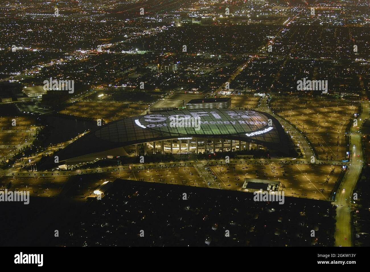 An aerial view of SoFi Stadium, Tuesday, Sept. 14, 2021, in Inglewood ...