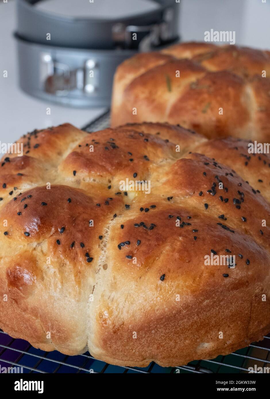 Two traditional round home cooked Challah bread loaves for the Jewish ...