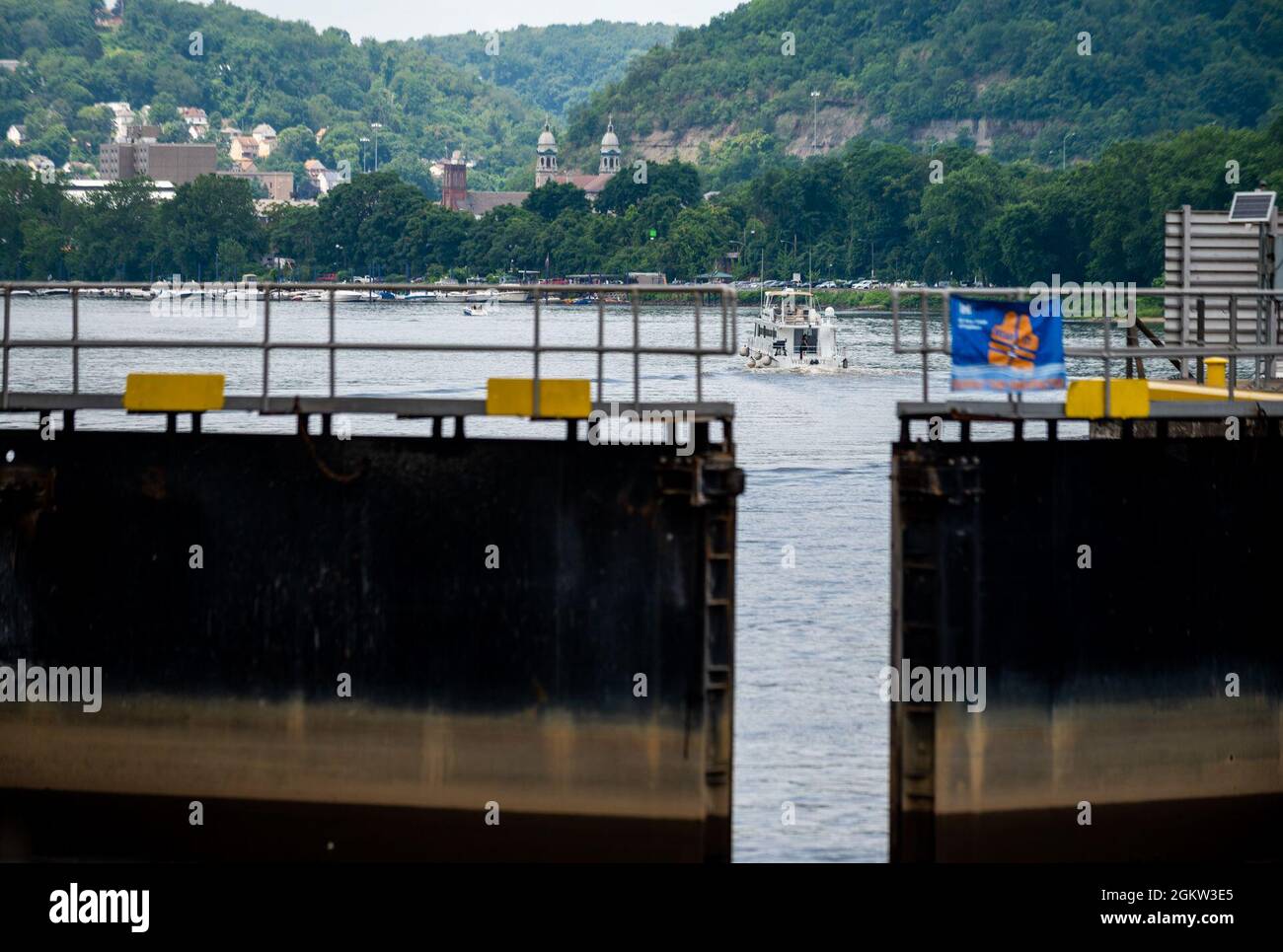 A boat departs Lock and Dam 2, Allegheny River, toward Pittsburgh, July 4, 2021. The Pittsburgh ...