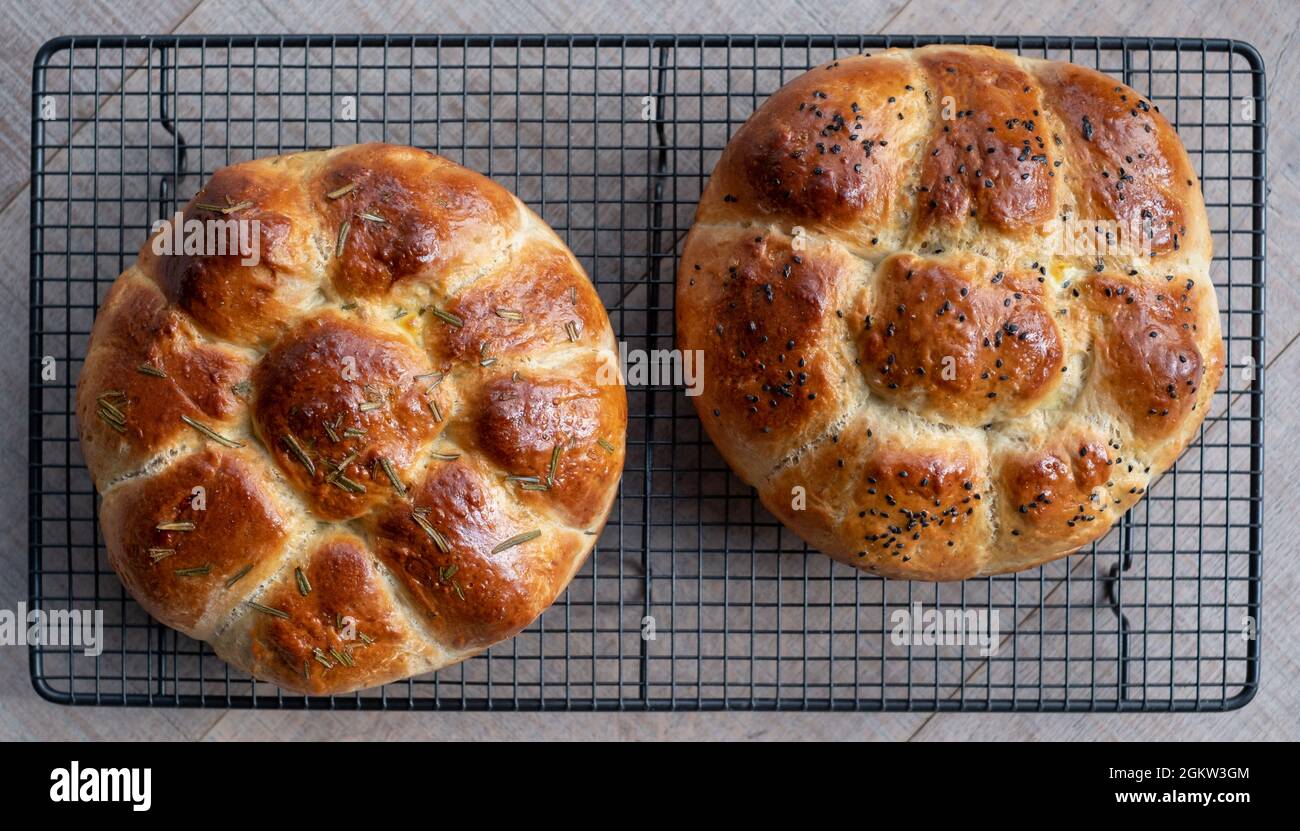 Two traditional round home cooked Challah bread loaves for the Jewish ...