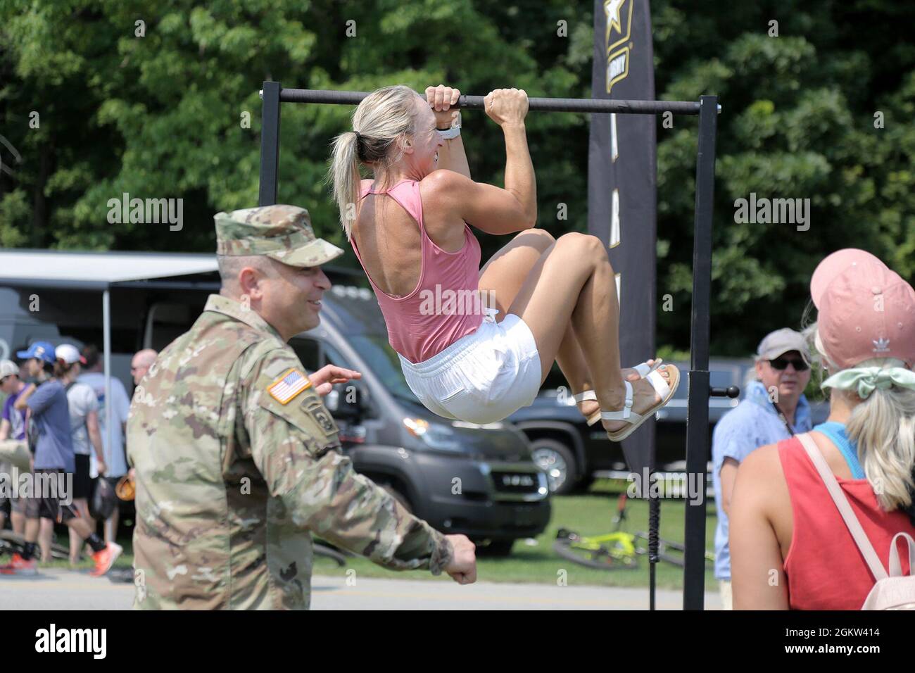 Renee Eckberg, a fitness coach from Oakfield, Wisconsin, performs Army ...