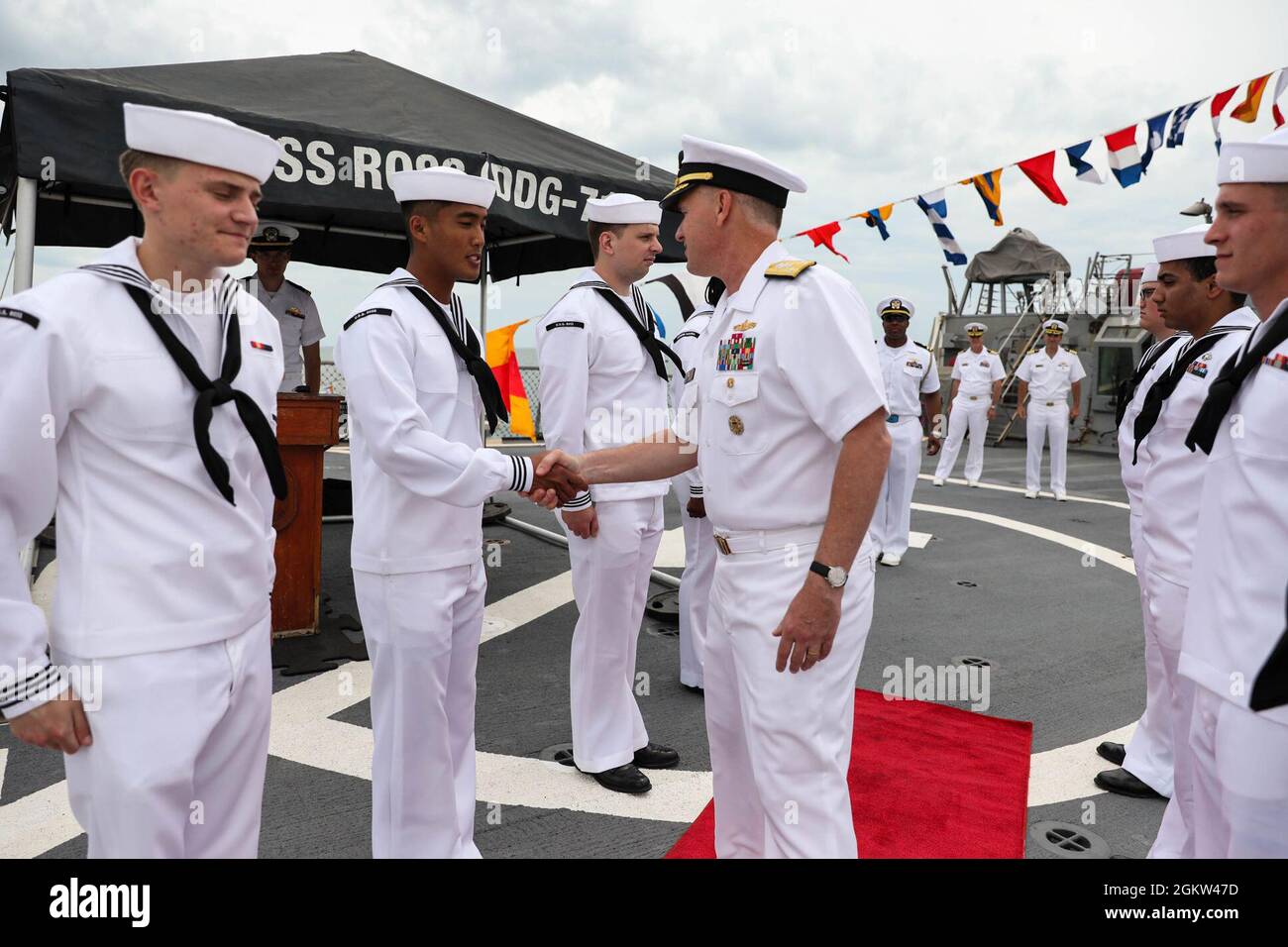 ODESSA, Ukraine (July 4, 2021) Vice Adm. Gene Black, commander, U.S. Sixth Fleet, center, shakes ...