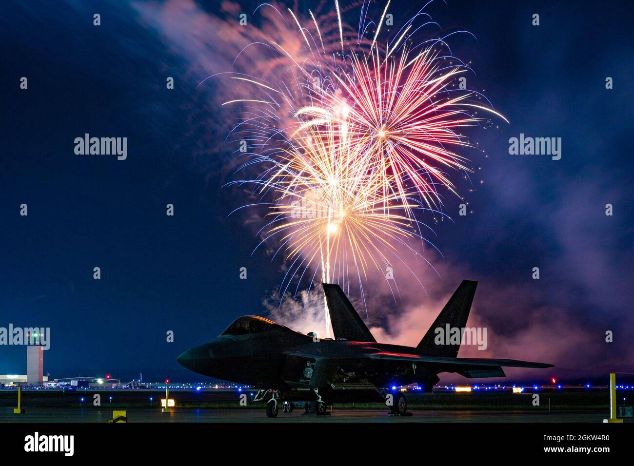Fourth of July fireworks celebrate America’s independence behind an F-22 Raptor during the ...