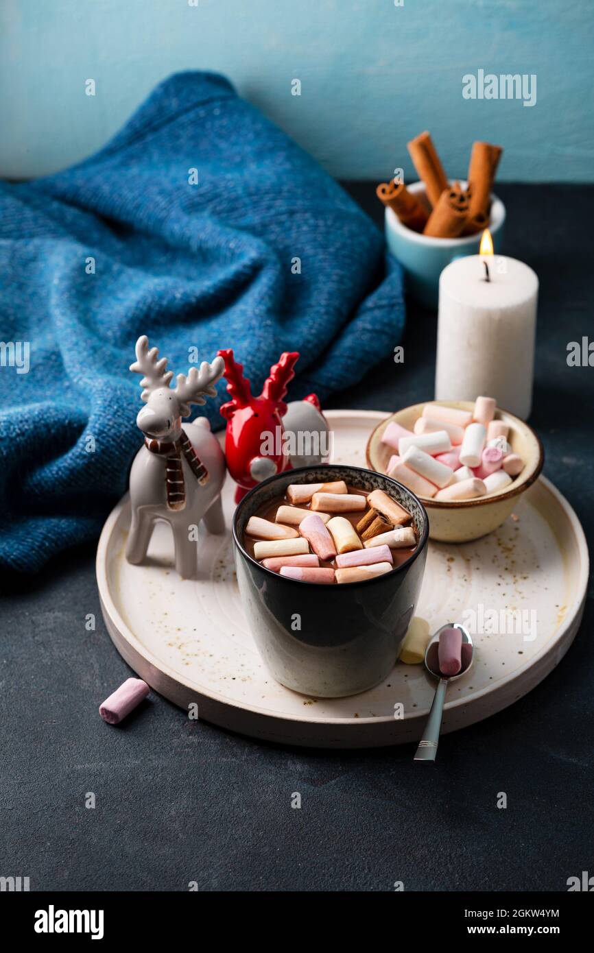 Hot winter chocolate beverages with marshmallow Stock Photo - Alamy