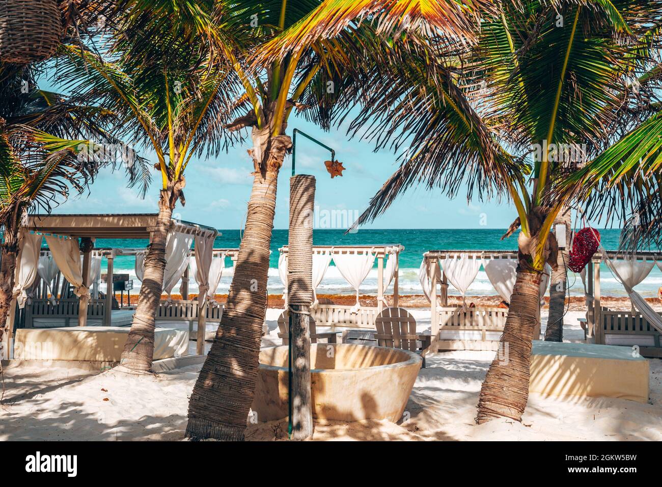 Beach shower with luxury canopies in front of sea at Mexican resort ...