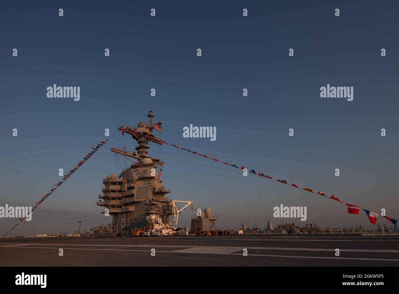 USS Gerald R. Ford (CVN 78) displays a dressed ship to commemorate ...
