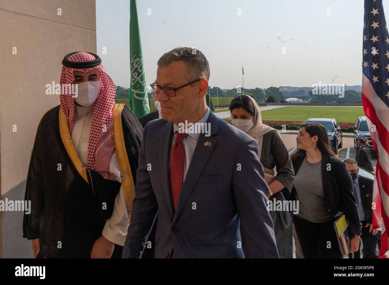 Under Secretary of Defense for Policy Dr. Colin H. Kahl walks with Saudi Arabia Vice Minister of ...