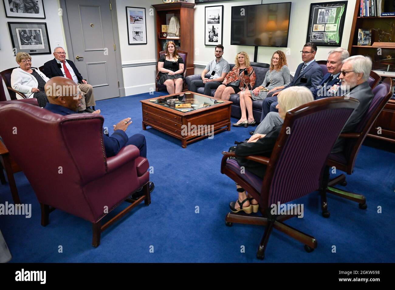 Air Force Chief of Staff Gen. CQ Brown, Jr., bottom left, speaks with ...